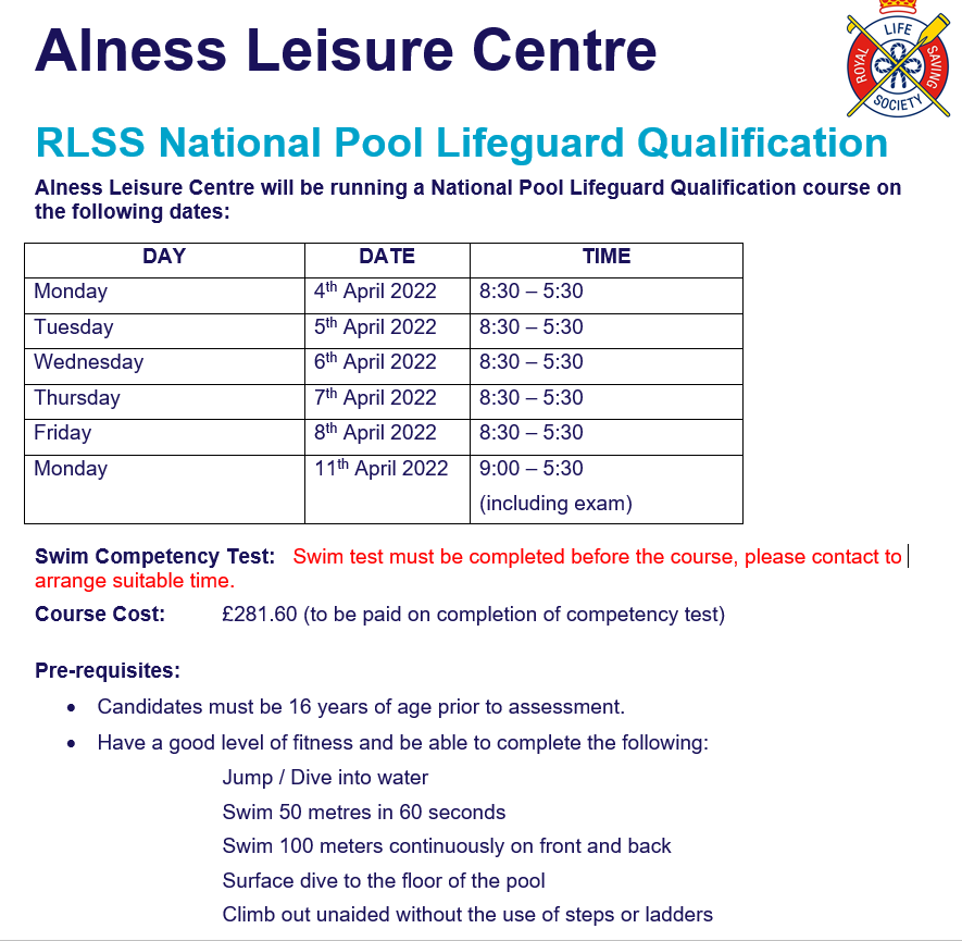 RLSS National Pool Lifeguard Qualification | Invergordon Academy